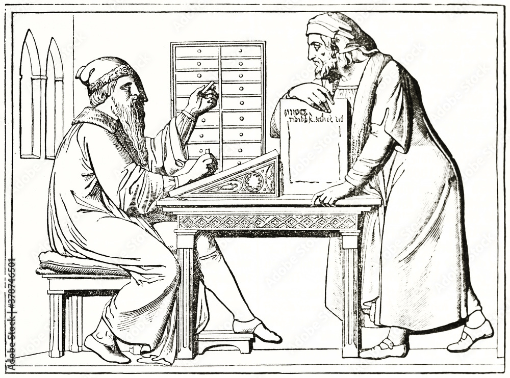 Gutenberg on his desk. Old engraved reproduction of bas relief monument ...