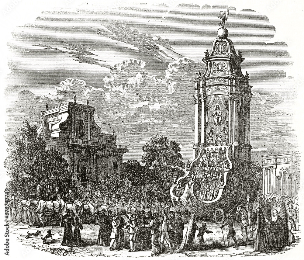 Saint Rosalia procession. Sicilian people bringing high chariot outdoor ...