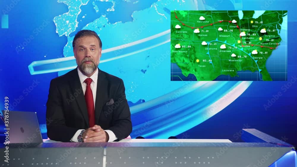 Live News Studio Professional Anchor Reporting on Weather Forecast ...