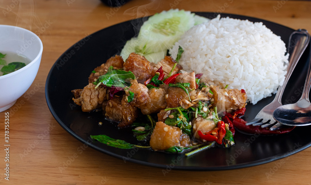 Spicy Stir Fried Crispy Pork with ฺฺBasilleaves, Thai food Pad krapow ...