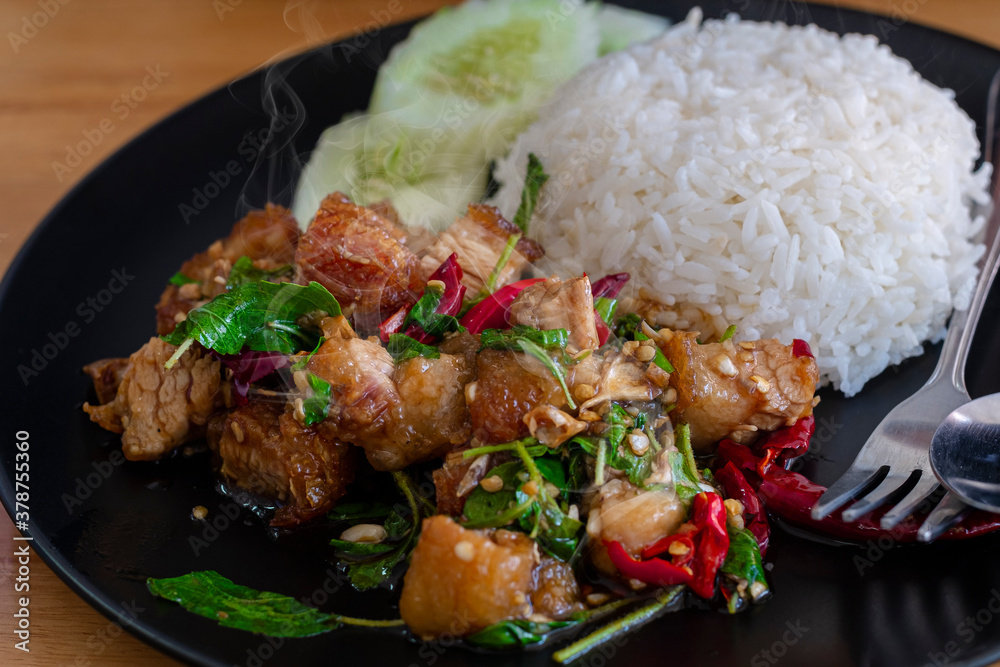Spicy Stir Fried Crispy Pork with ฺฺBasilleaves, Thai food Pad krapow ...