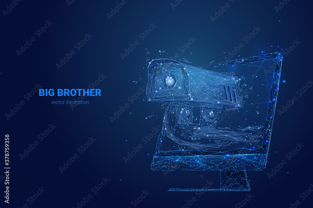 Naklejka Polygonal 3d security camera on computer screen in dark blue ...