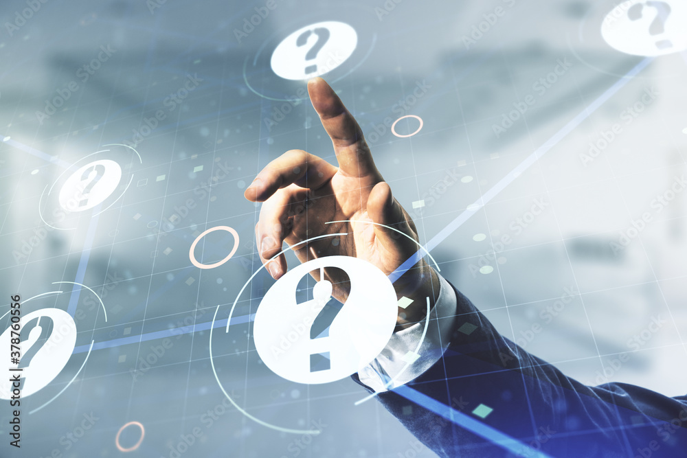 Man hand clicks on abstract virtual question mark hologram on blurred ...