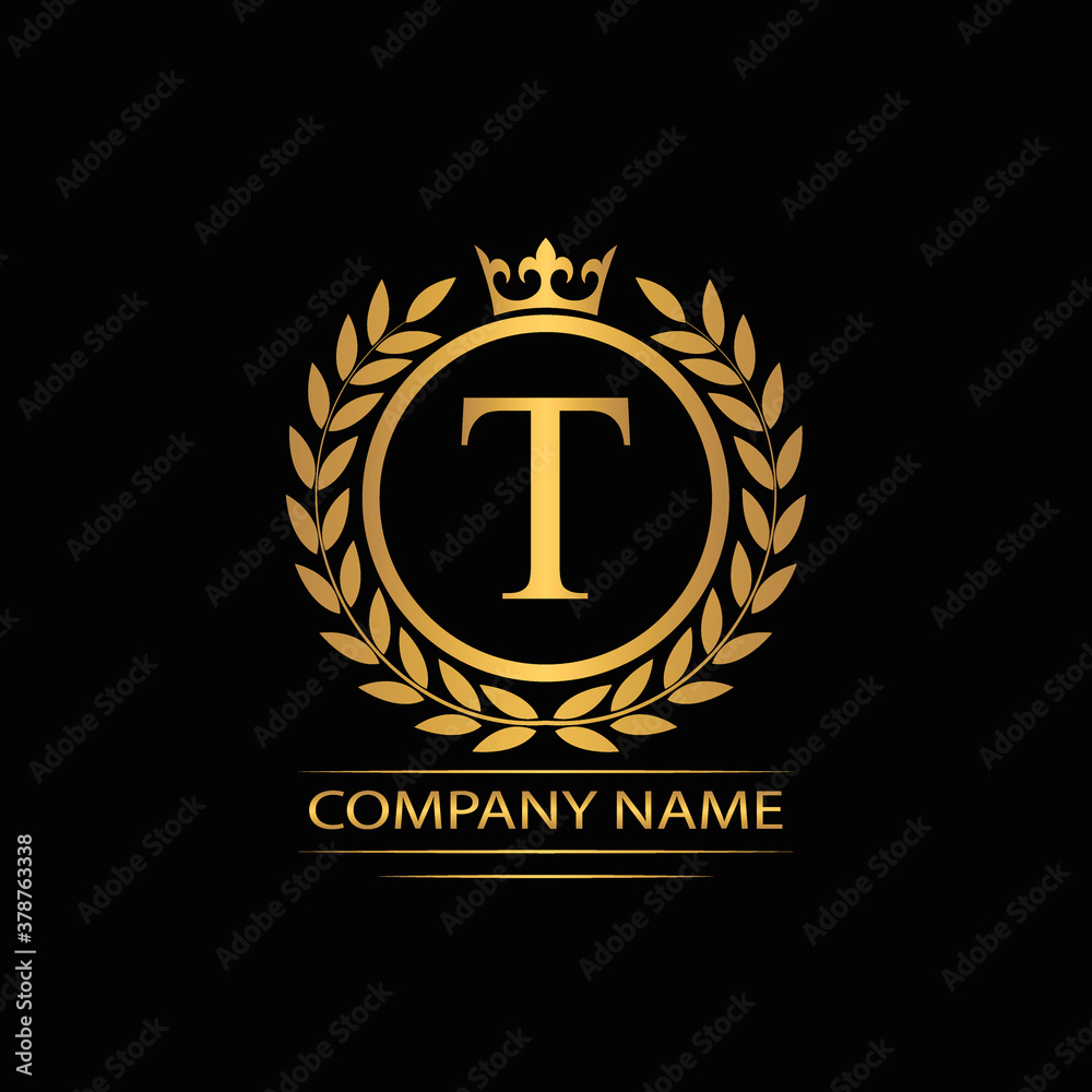 Golden Letter T laurel wreath template logo Luxury gold letter with ...