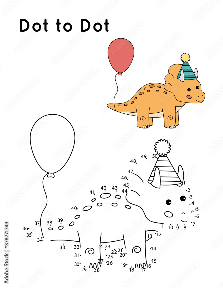 Dot to dot game for preschool kids. Cute cartoon dinosaur triceratops ...