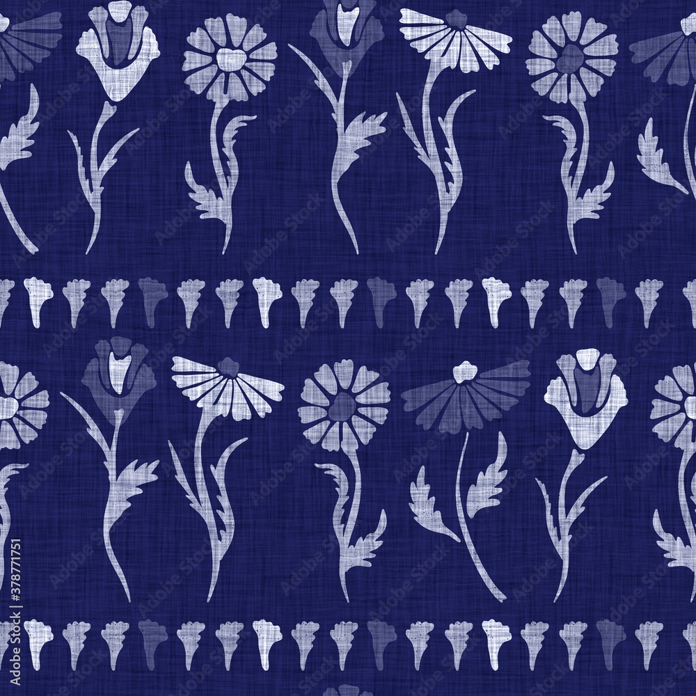 Indigo blue flower block print dyed linen texture background. Seamless ...