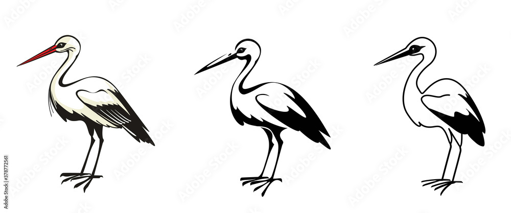 Set of vector illustrations of Stork. Logo design Stork. Black & white ...