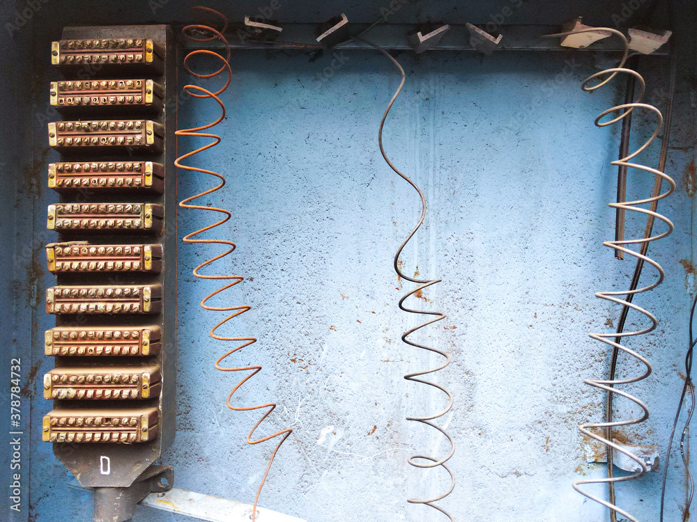 Electric wires in a fuse box. Electrical power. Technical background ...
