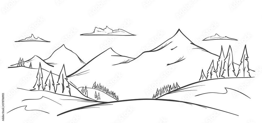 Vector illustration: Hand drawn Mountains sketch landscape with hills ...