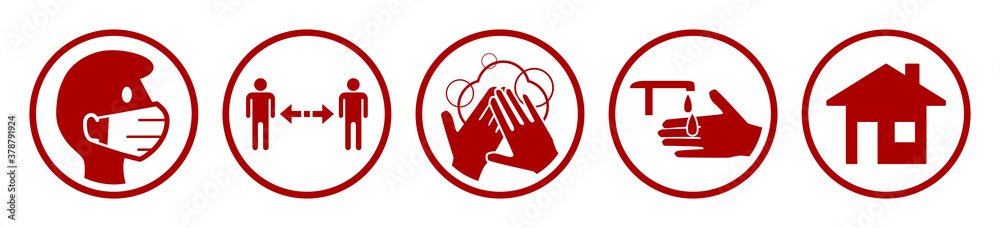 Set of Round Coronavirus Covid-19 Measure Signs including Wear a Face ...