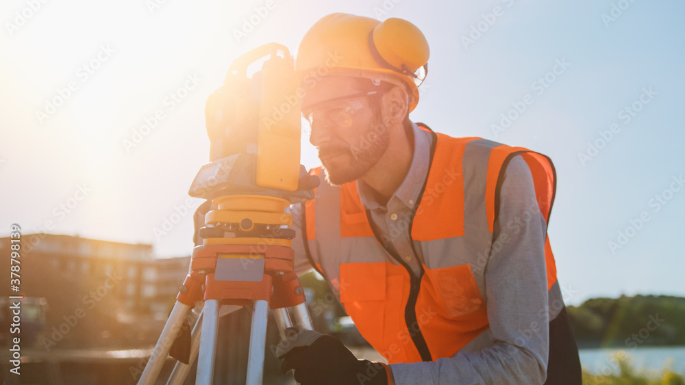 Construction Worker Using Theodolite Surveying Optical Instrument for ...