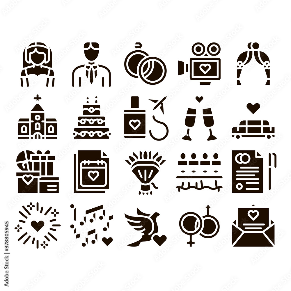 Wedding Glyph Icons Set Vector. Characters Bride And Groom, Rings And ...