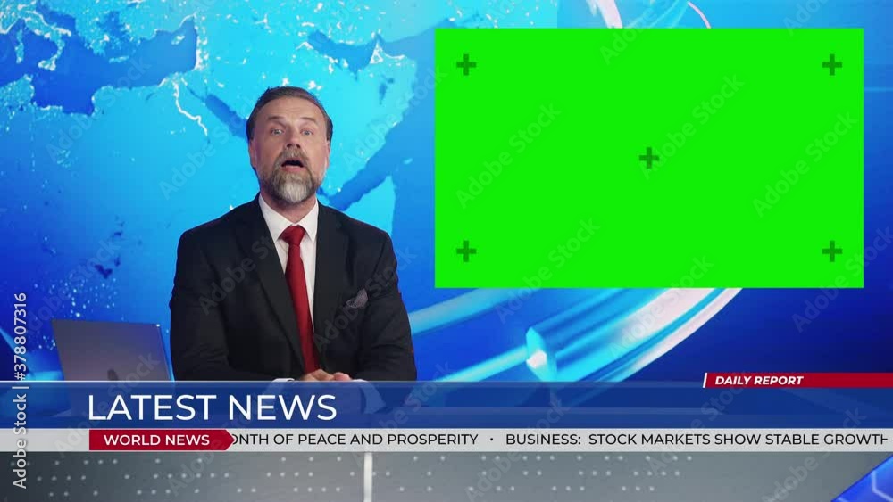 Live News Studio with Handsome Male Anchor Reporting on a Story, Uses ...