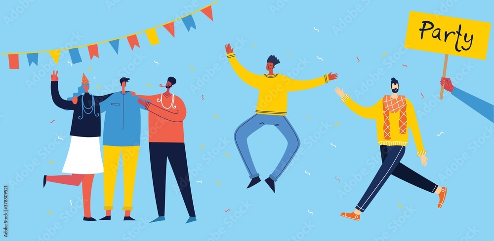 Vector cartoon illustration of Happy group of people celebrating ...