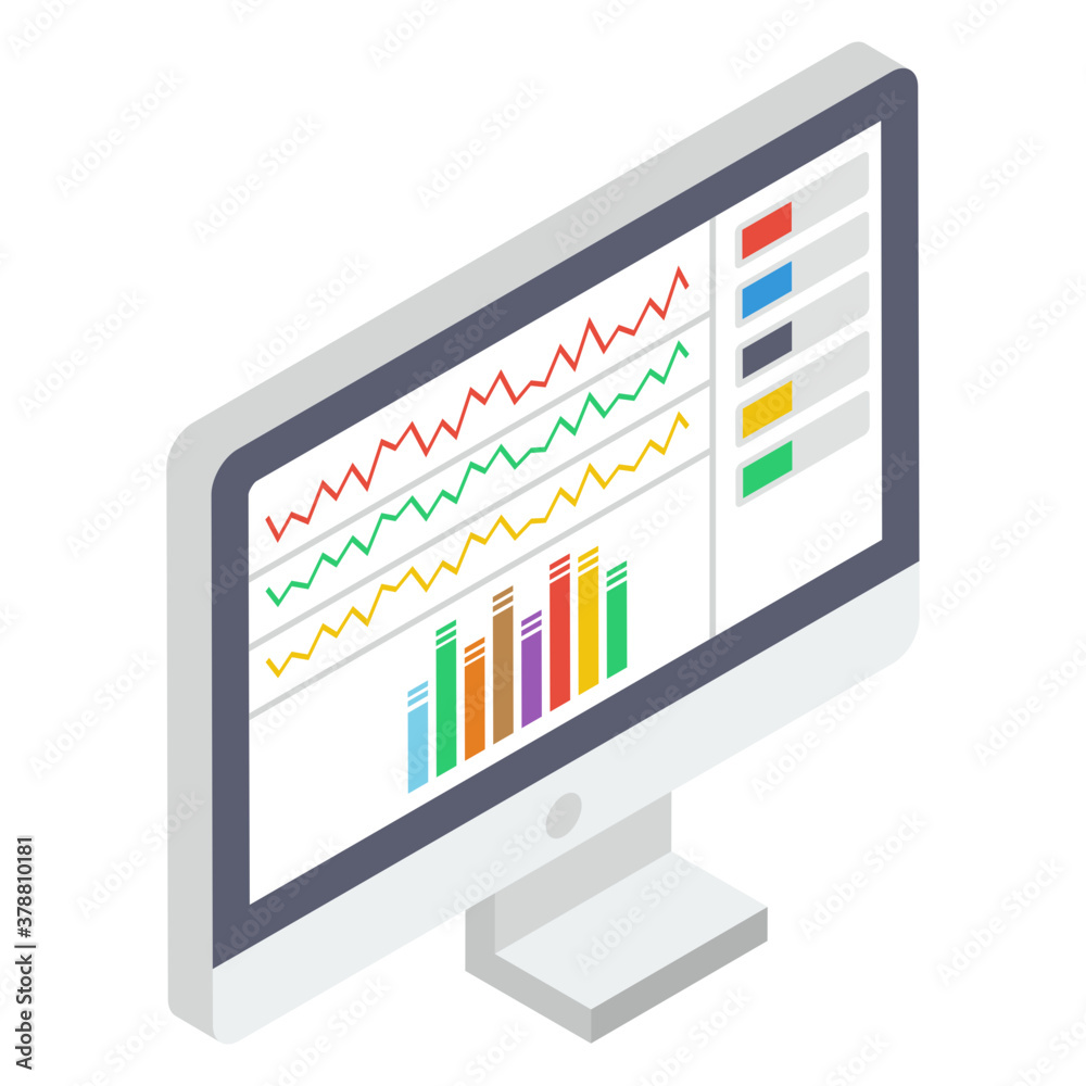 Music adjustment on monitor screen, sound analyzer icon in isometric ...