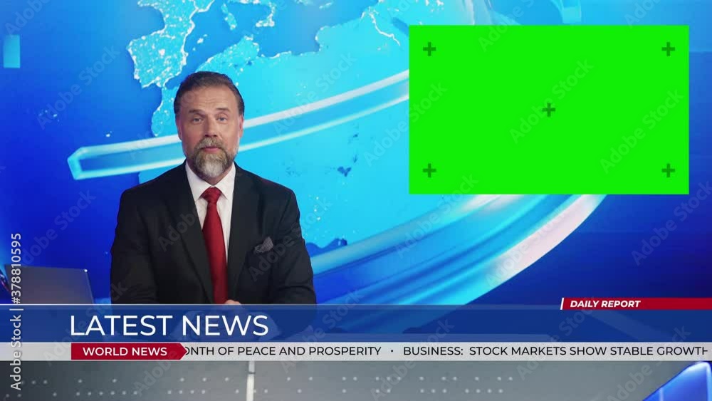 Live News Studio with Handsome Male Anchor Reporting on a Story, Uses ...