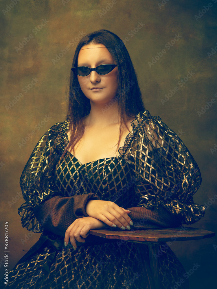 Eyewear black. Young woman as Mona Lisa, La Gioconda isolated on dark ...
