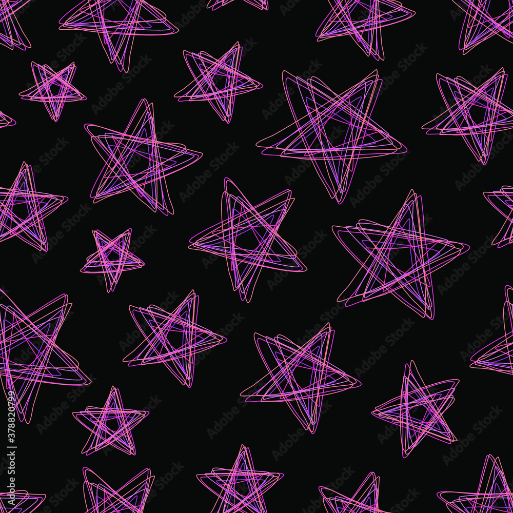 Hand drawn pink stars background on a black background. Seamless vector ...
