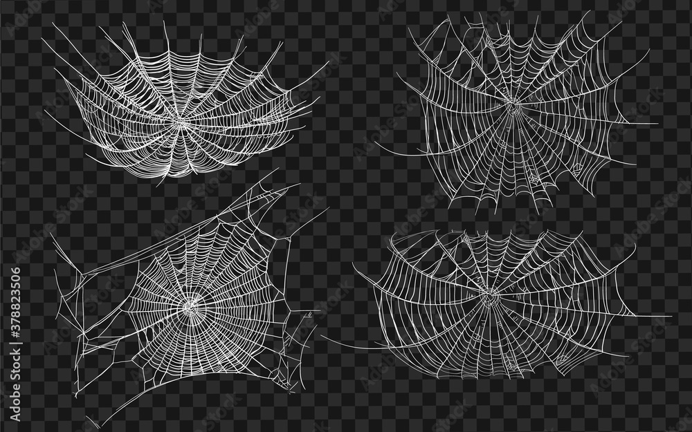 Halloween monochrome spider web and spiders isolated on black ...