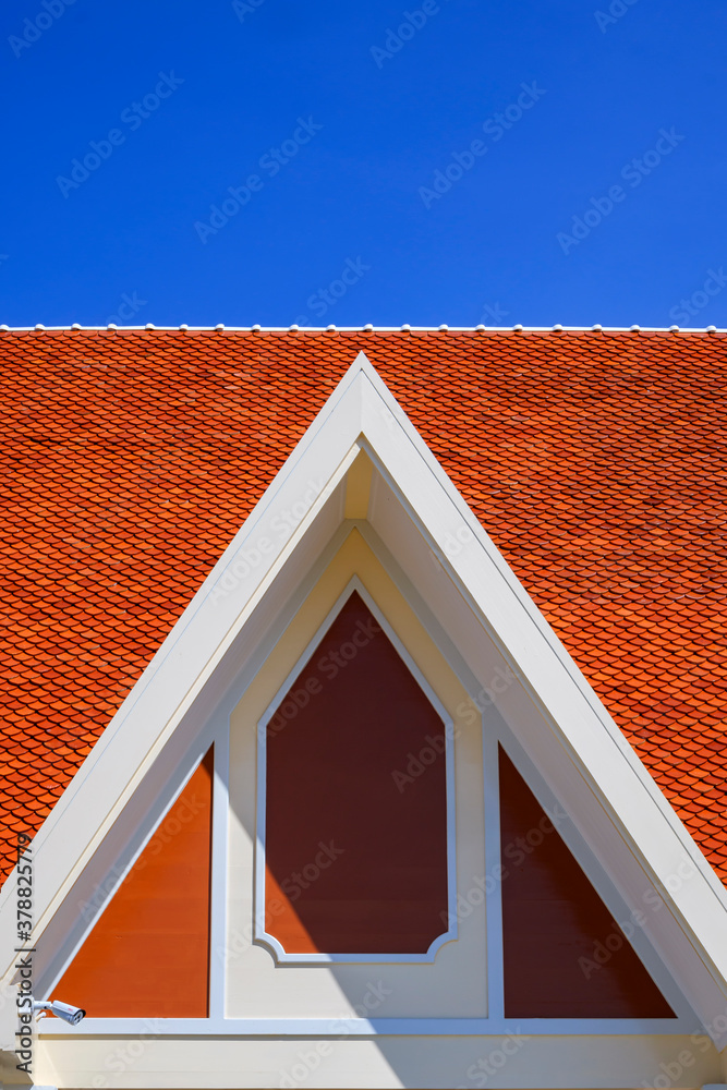 Gable roof with clay roof tiles on top of Thai traditional pavilion ...
