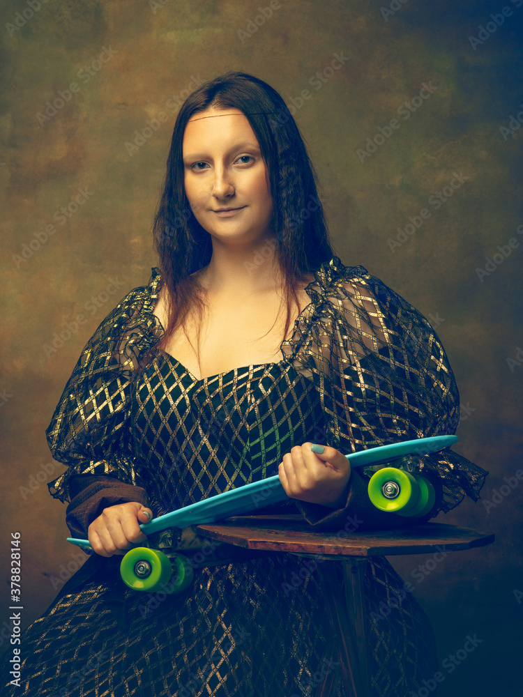 Skater girl. Young woman as Mona Lisa, La Gioconda isolated on dark ...