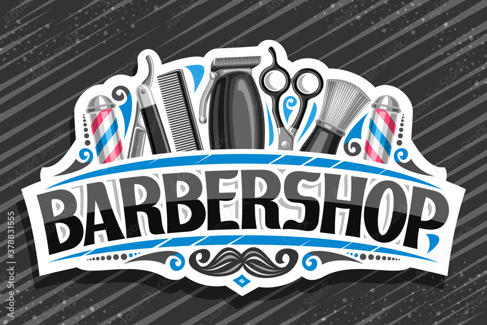 Vector logo for Barbershop, white decorative sign board with ...