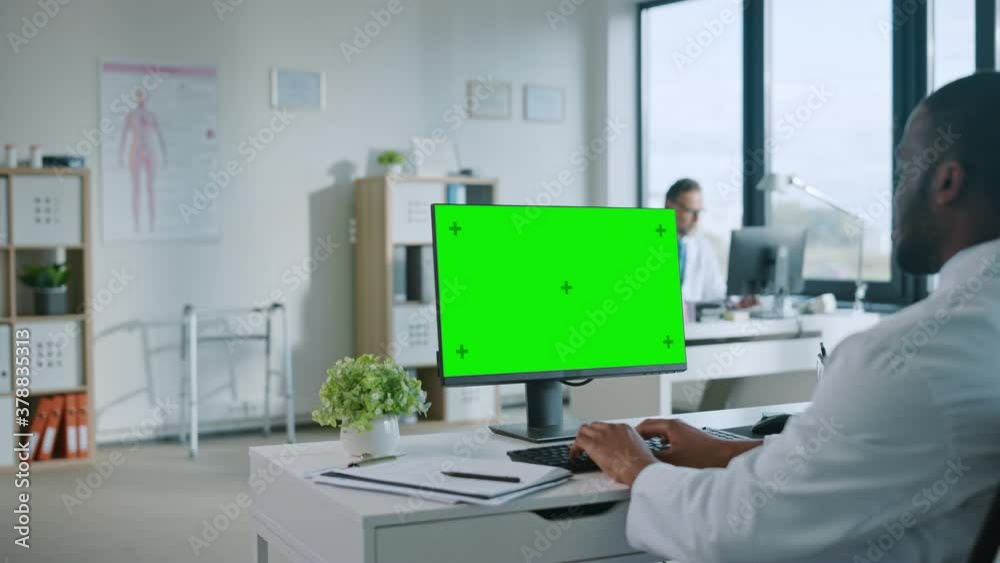 African American Medical Doctor is Working on a Computer with Green ...