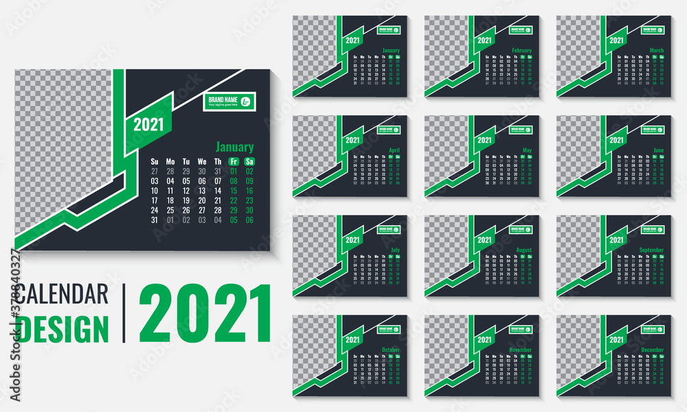 Vektorová grafika „2021 Desk Calendar design vector template. 12 pages ...