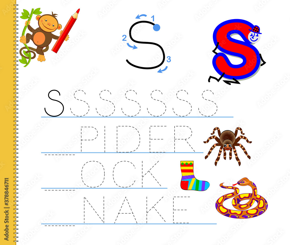 Learn to trace letter S. Study English words. Worksheet for children ...