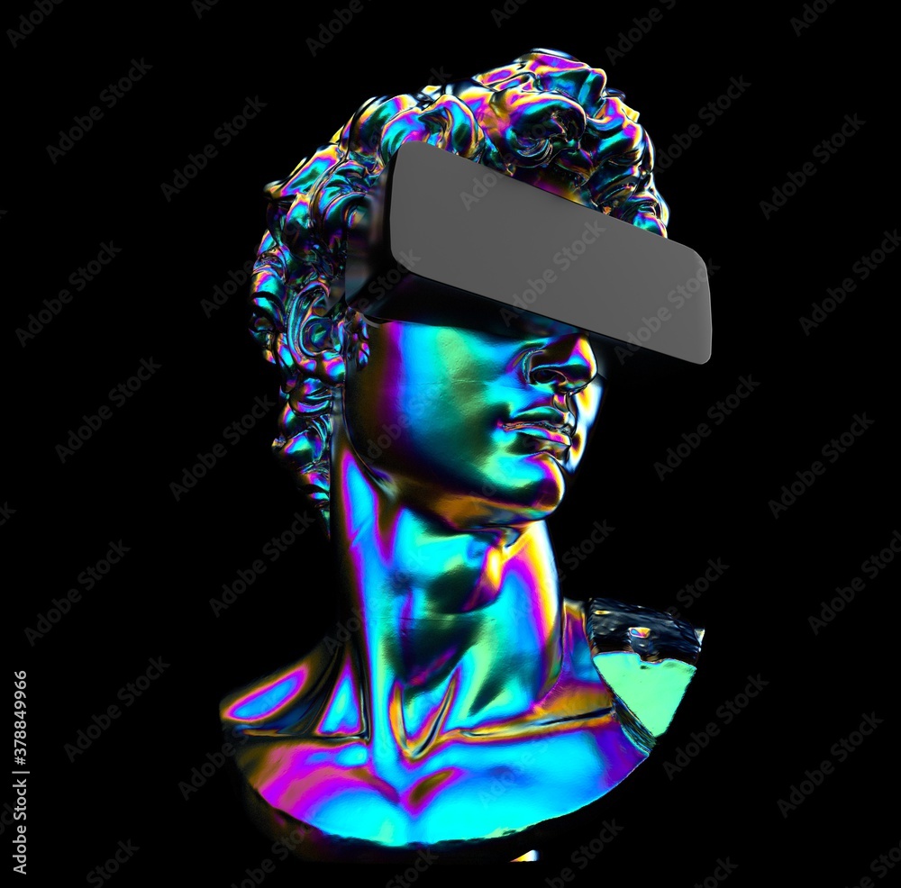Classical head sculpture with VR visor headset. 3D rendered ...