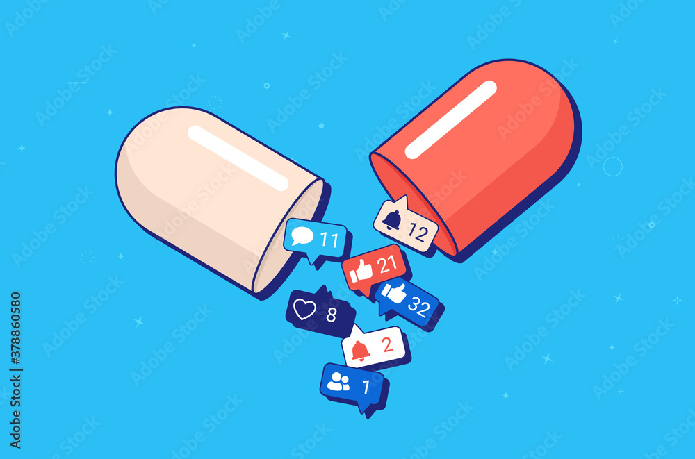 Social media addiction is like a drug - Pill spilling out social media ...