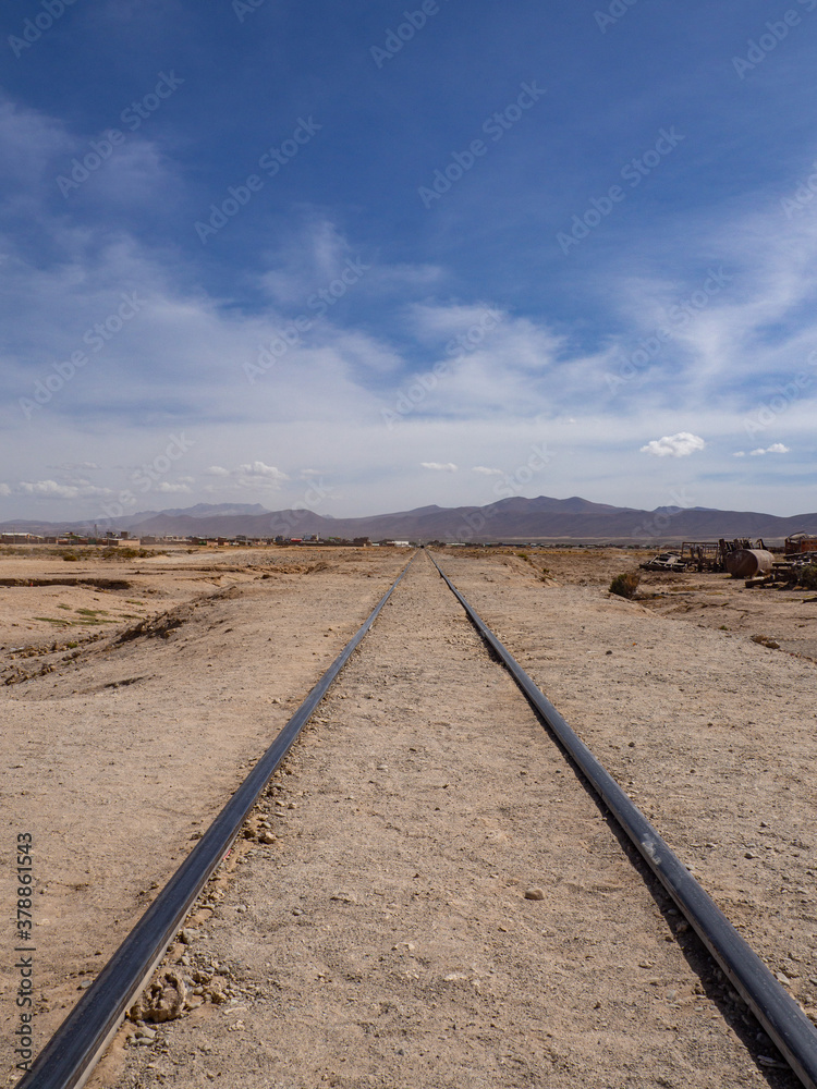 Railway railroad train path with blue sky in atacama desert, salar de ...