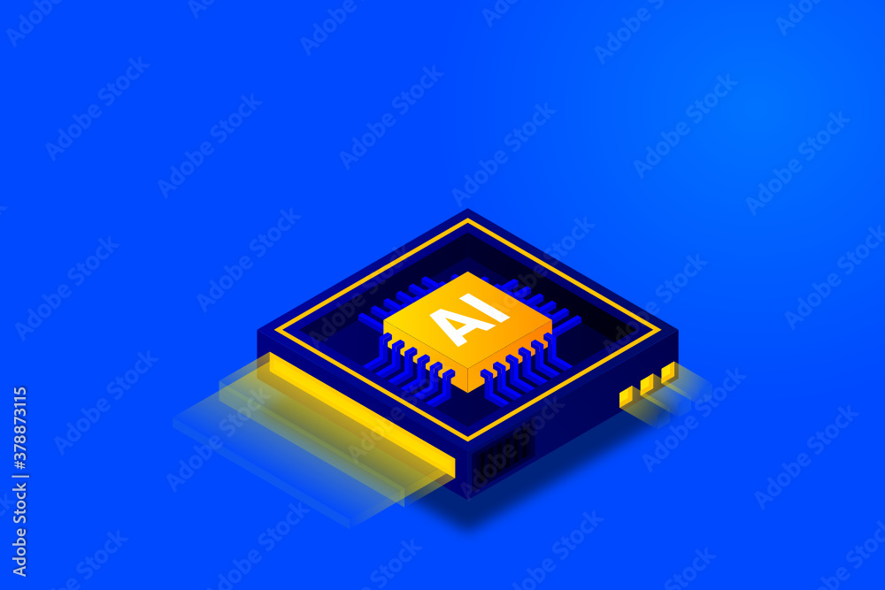 Artificial intelligence icon AI, chip brain, quantum computing, cpu, isometric cloud computing ...