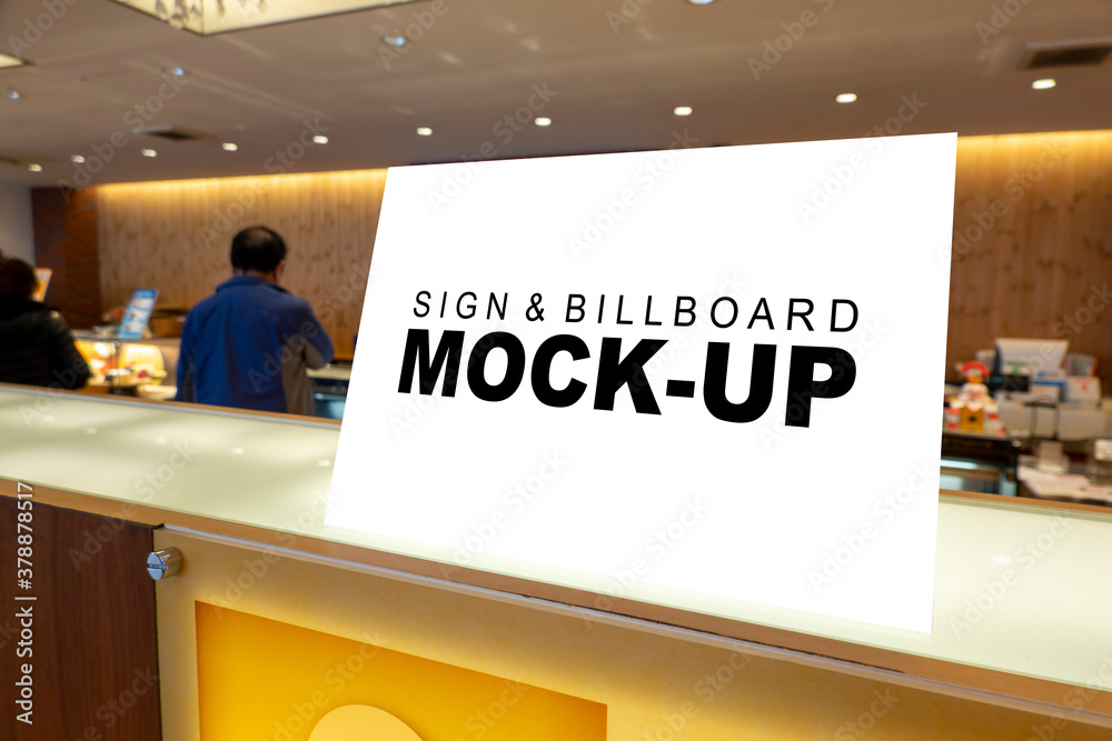 Mock up signboard stand on counter bar at food court Stock Photo ...