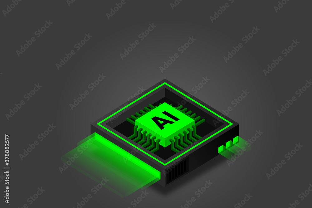 Artificial intelligence icon AI, chip brain, quantum computing, cpu, isometric cloud computing ...