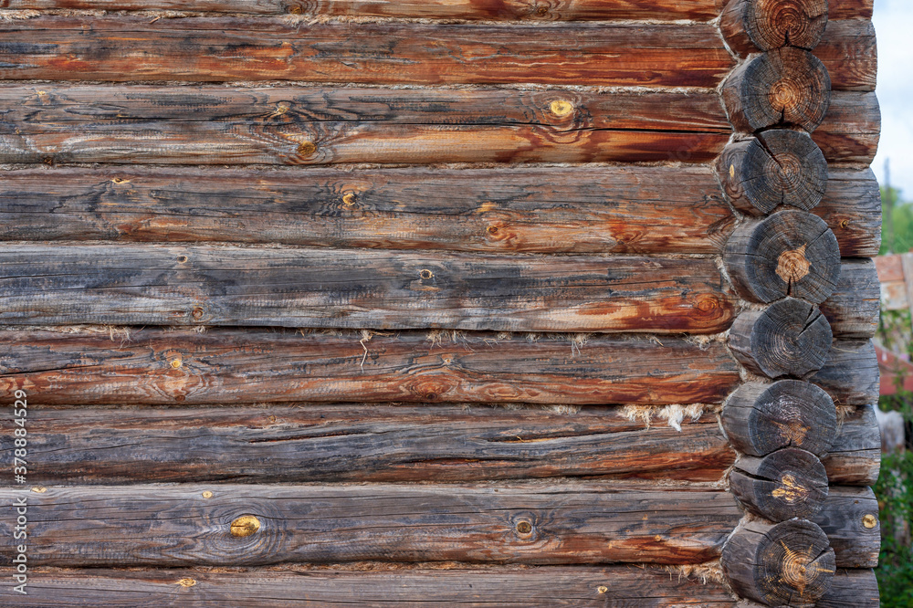 Corner part of the wall of a log log house with eco-friendly thermal ...