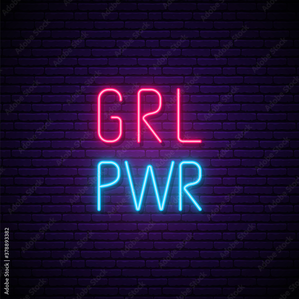 Neon girl power text on dark brick wall background. Girl power - bright ...