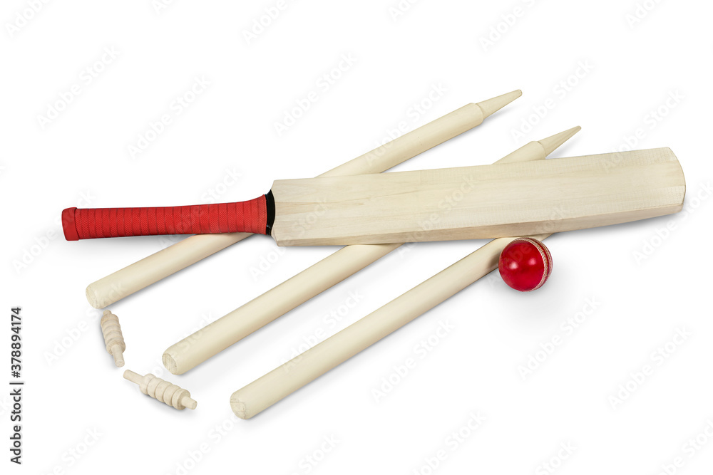 cricket bat, stumps, bails, red ball isolated on white background ...