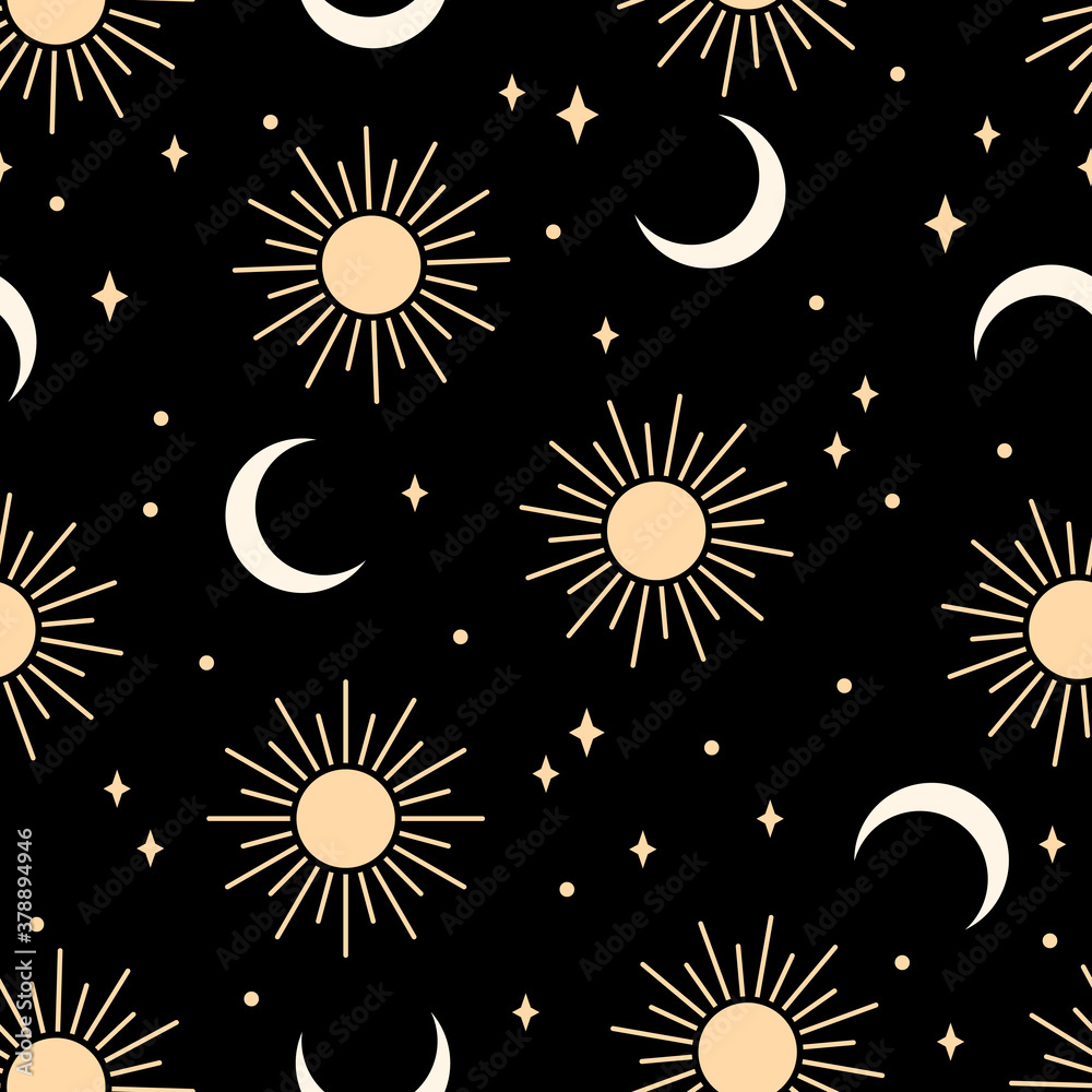 Seamless pattern with sun and moon on black background. Contemporary ...