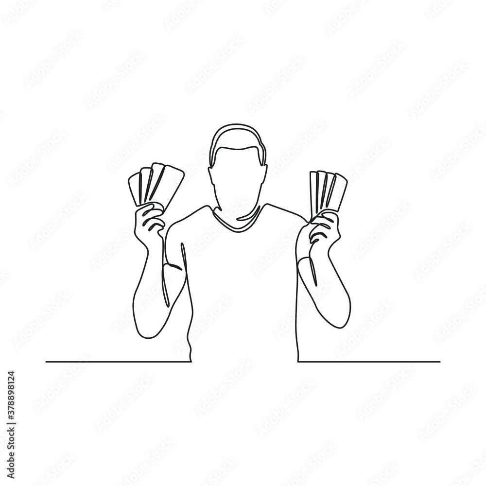 Continuous line drawing of a man holding a wad of money in his hand ...