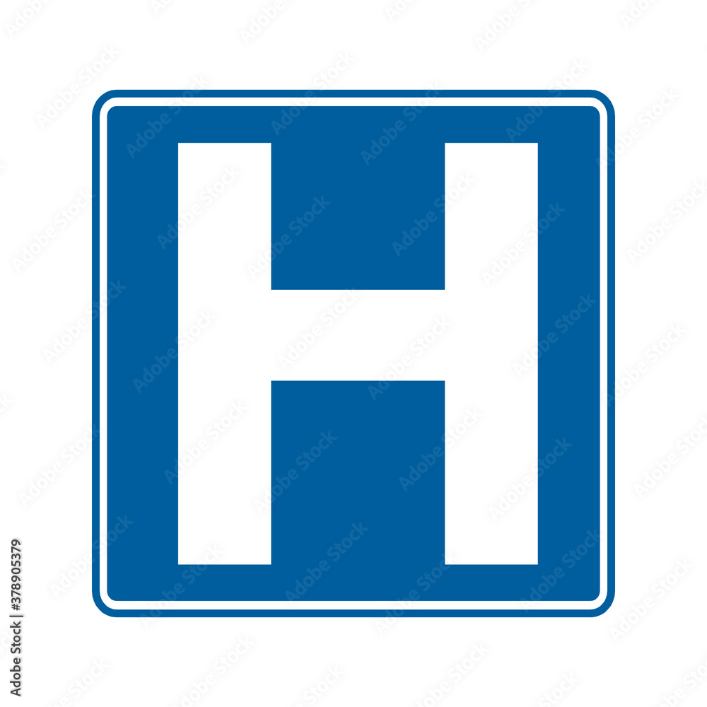 Hospital road sign. Vector illustration of blue square traffic sign ...