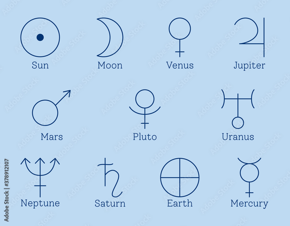 Astrological planet symbols. Ruling planets for zodiac signs in vector ...