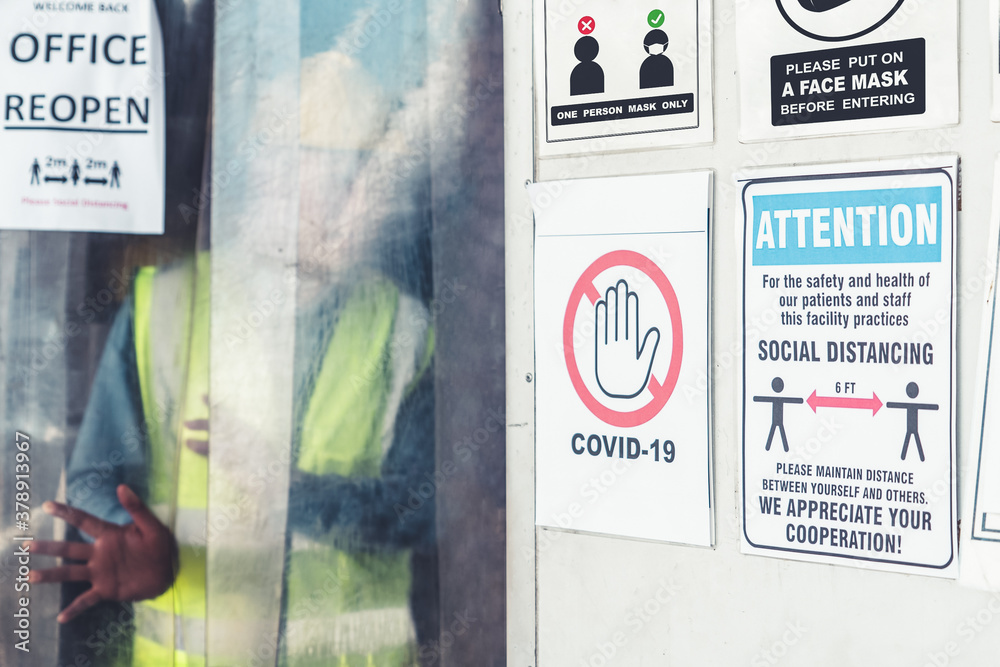 Caution sign in factory warning to industry labor worker to prevent ...