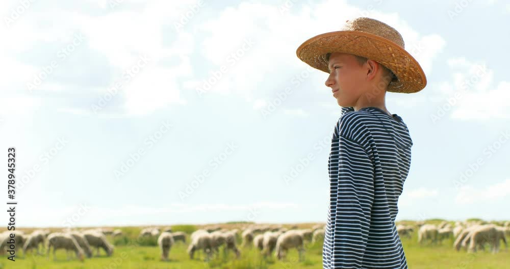 Rear on Caucasian small teen boy in hat standing outdoor in field and ...
