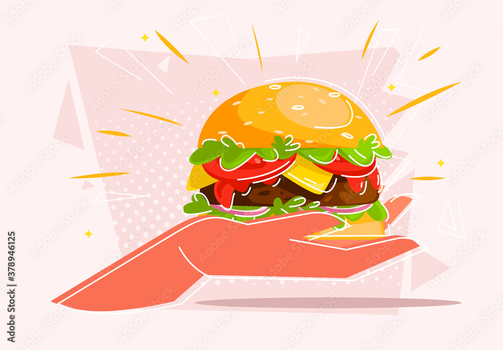 Vector illustration of a hand holding a Burger in the palm of your hand ...