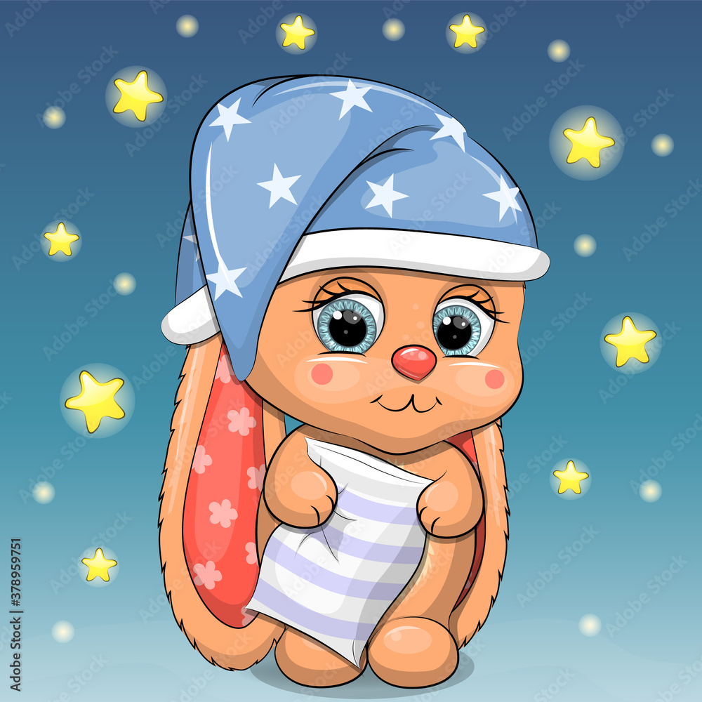Cute cartoon baby rabbit in night cap with pillow. Vector illustration ...