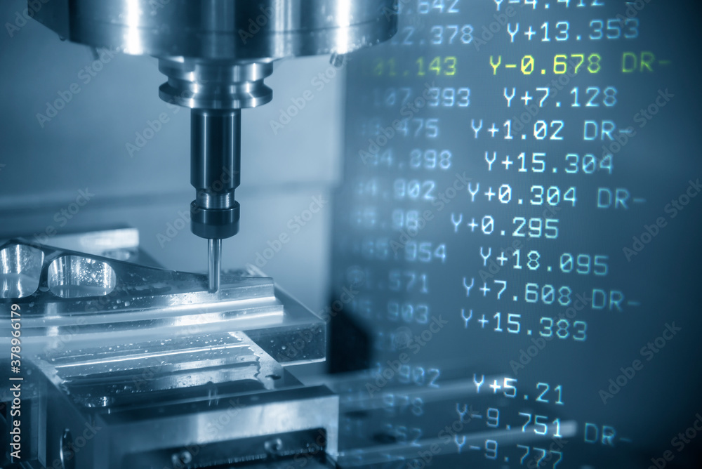 Abstract scene of CNC milling machine and g-code data background. The ...