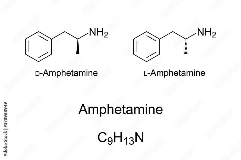 Amphetamine, chemical structure. Stimulant, used to treat ADHD, narcolepsy and obesity. In high ...