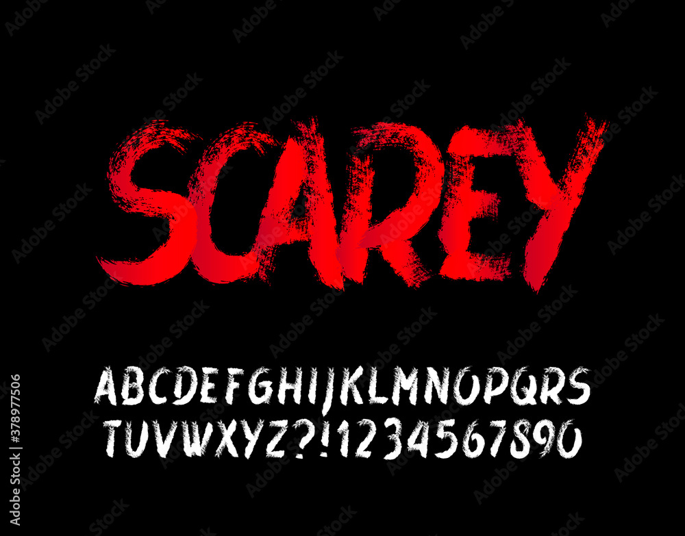 Scarey alphabet font. Messy brush stroke letters and numbers. Hand ...