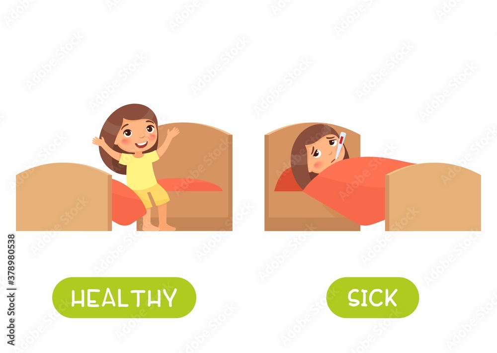 Healthy and sick antonyms flashcard vector template. Word card for ...